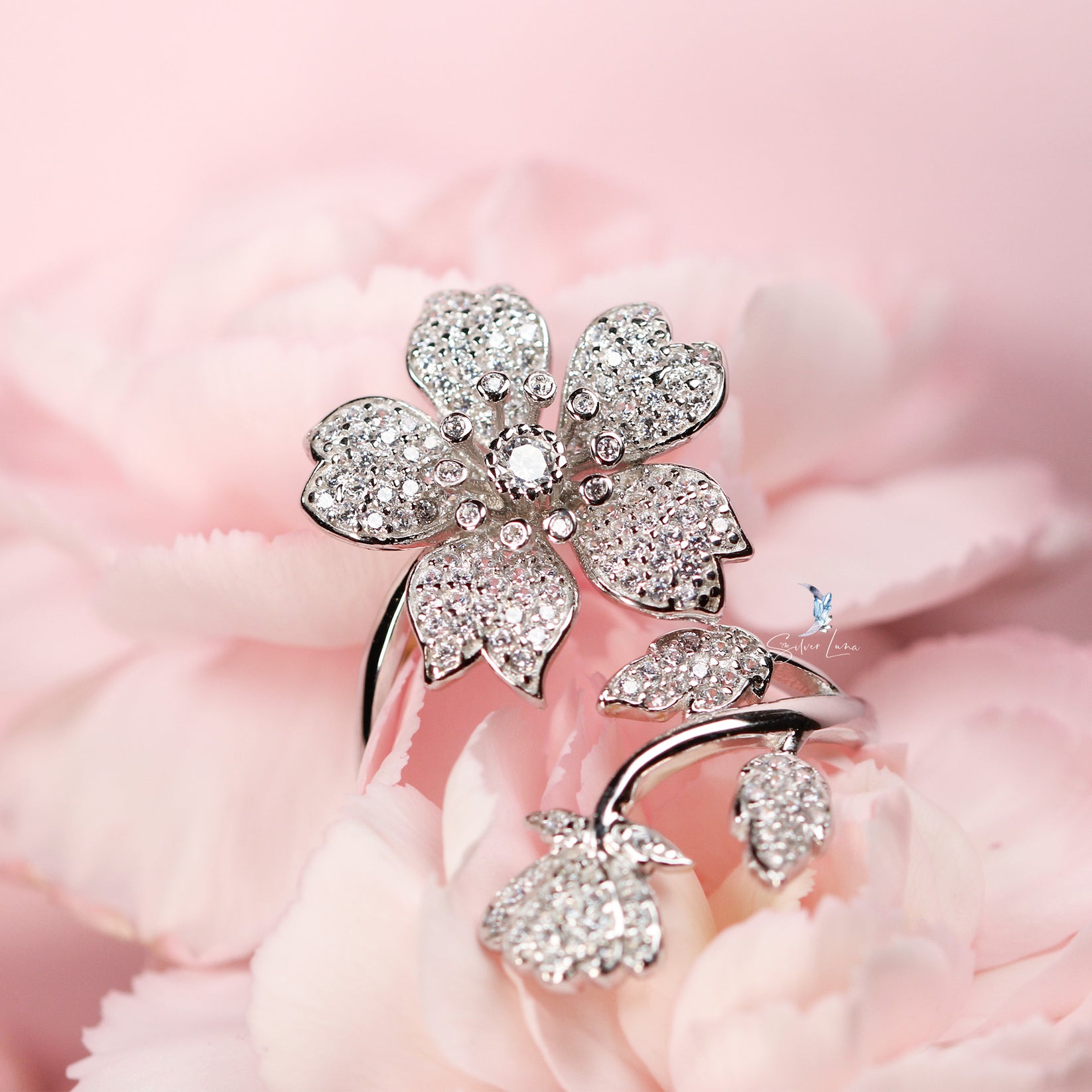Cubic zirconia cherry blossom flower adjustable silver ring – The ...