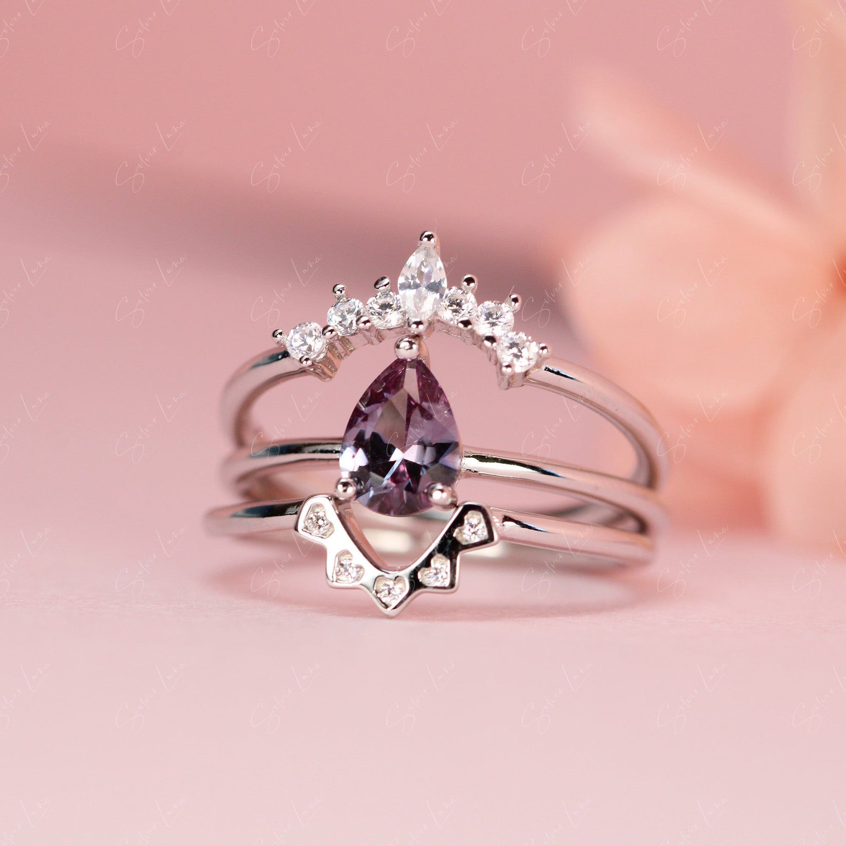 Teardrop Alexandrite stackable three ring set – The Silver Luna