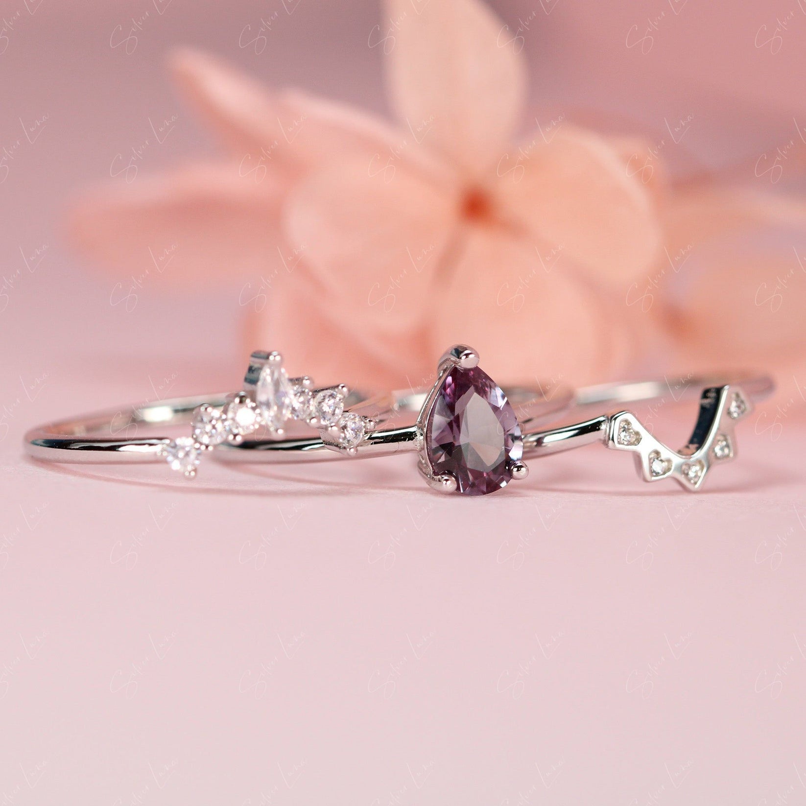 Teardrop Alexandrite stackable three ring set – The Silver Luna