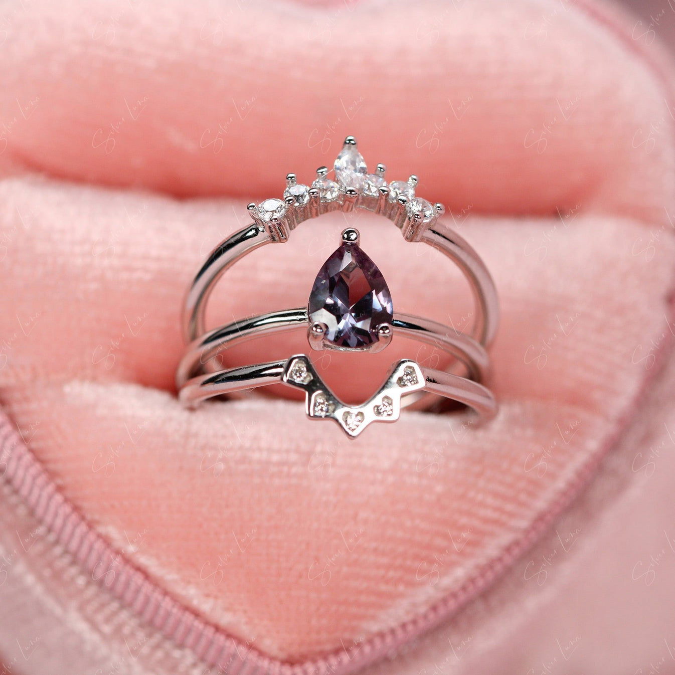Teardrop Alexandrite stackable three ring set – The Silver Luna