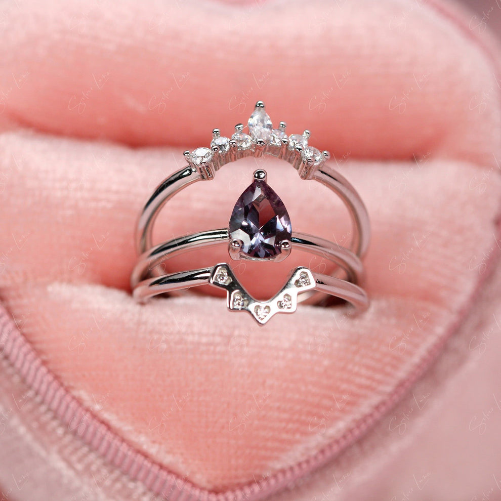 Teardrop Alexandrite stackable three ring set – The Silver Luna