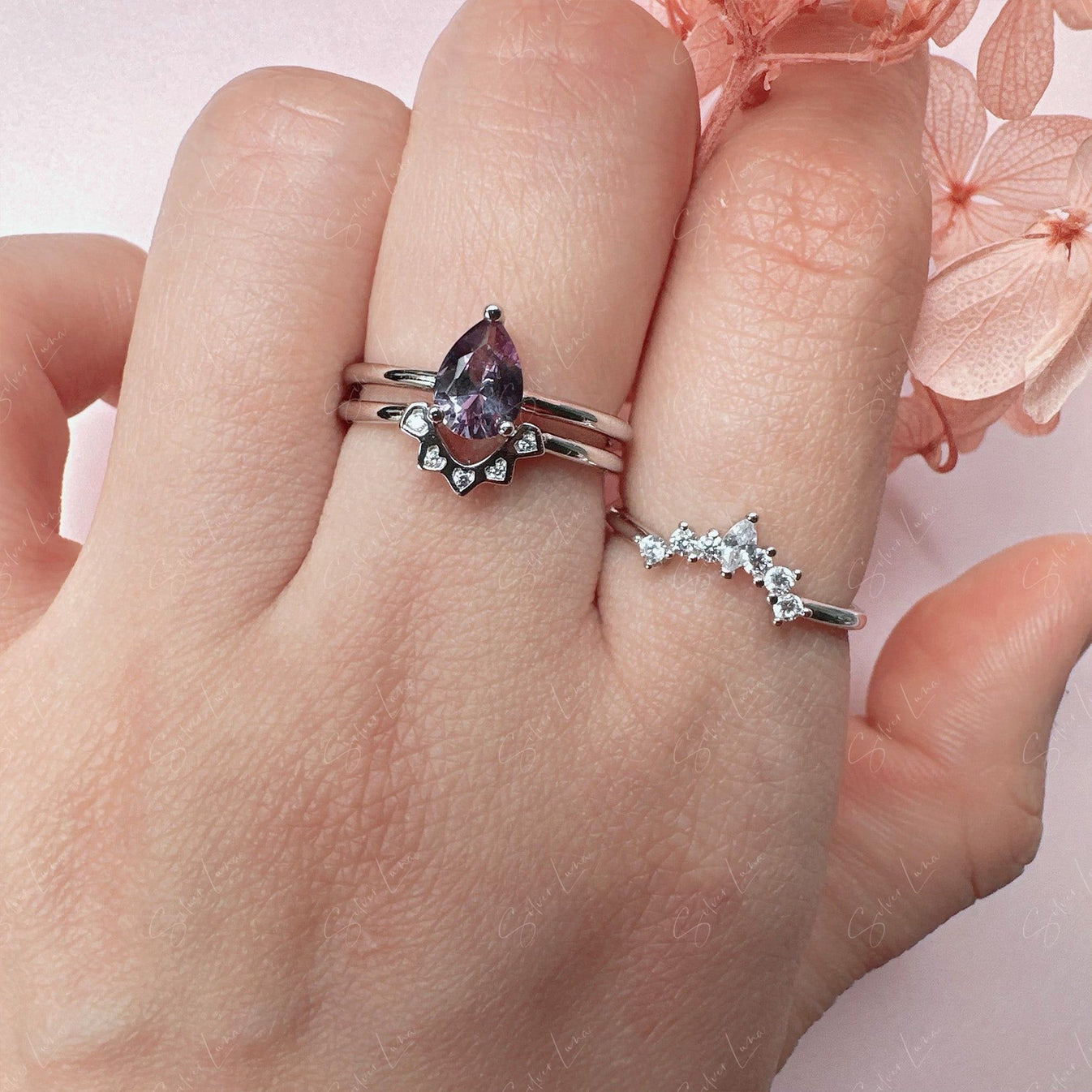 Teardrop Alexandrite stackable three ring set – The Silver Luna