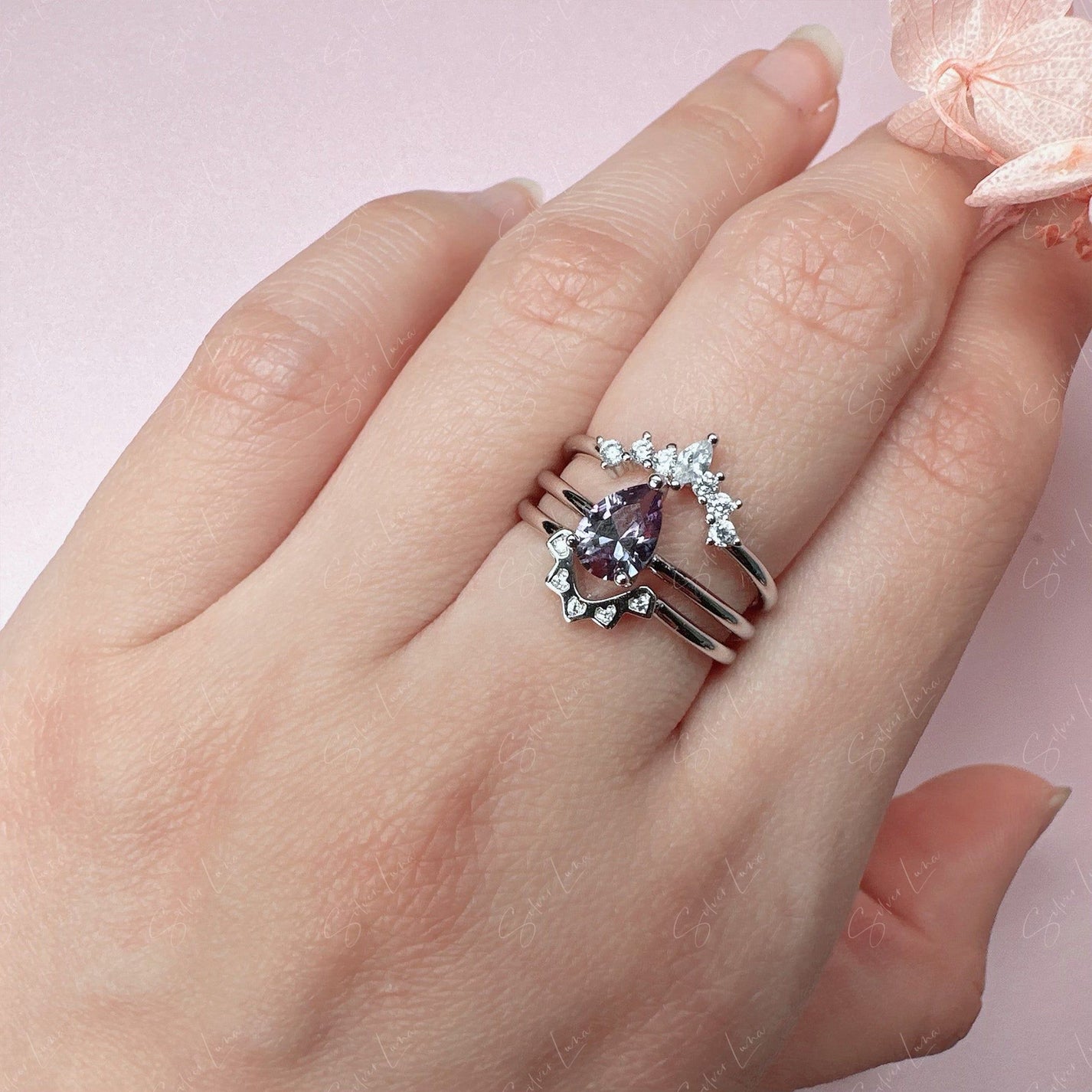 Teardrop Alexandrite stackable three ring set – The Silver Luna