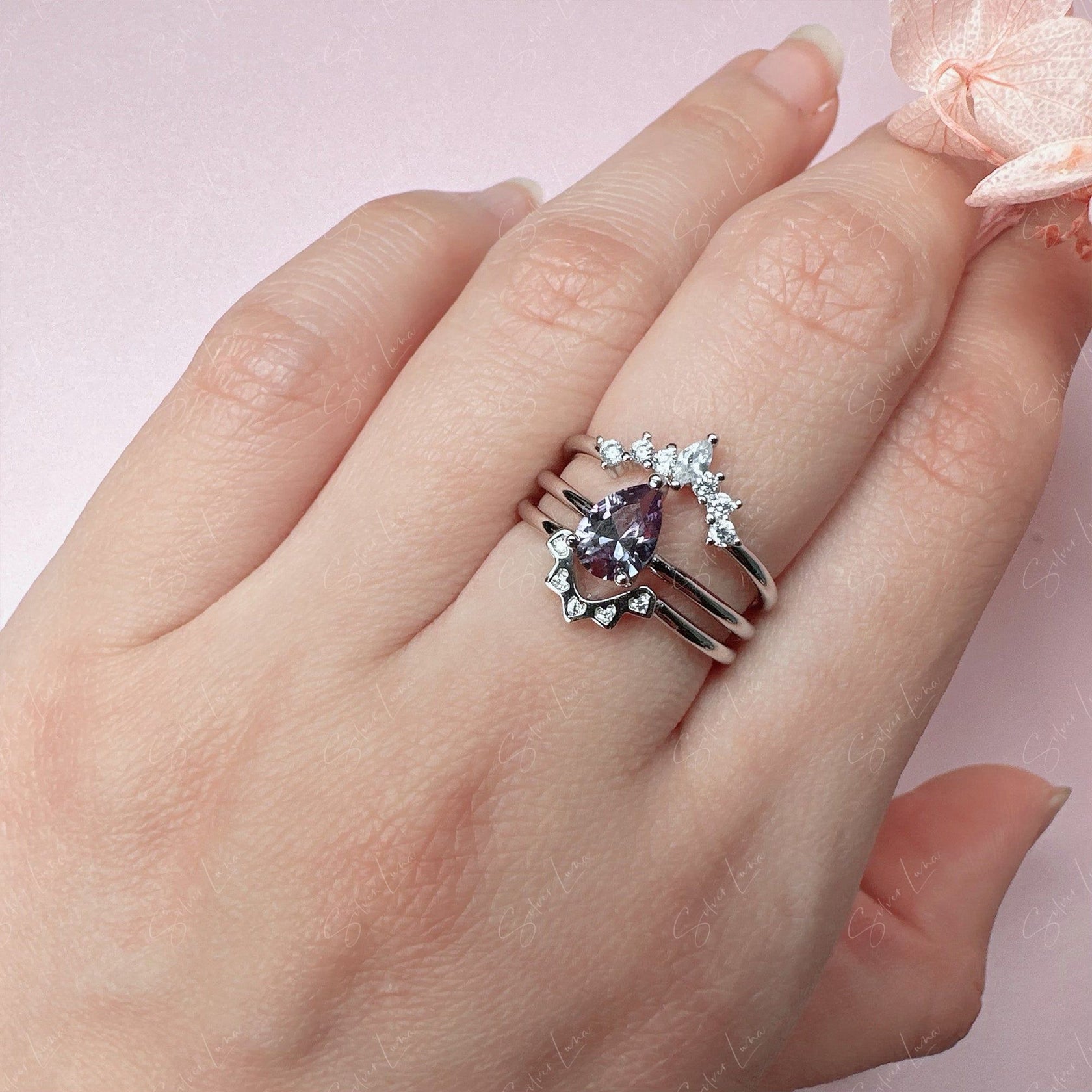 Teardrop Alexandrite stackable three ring set – The Silver Luna