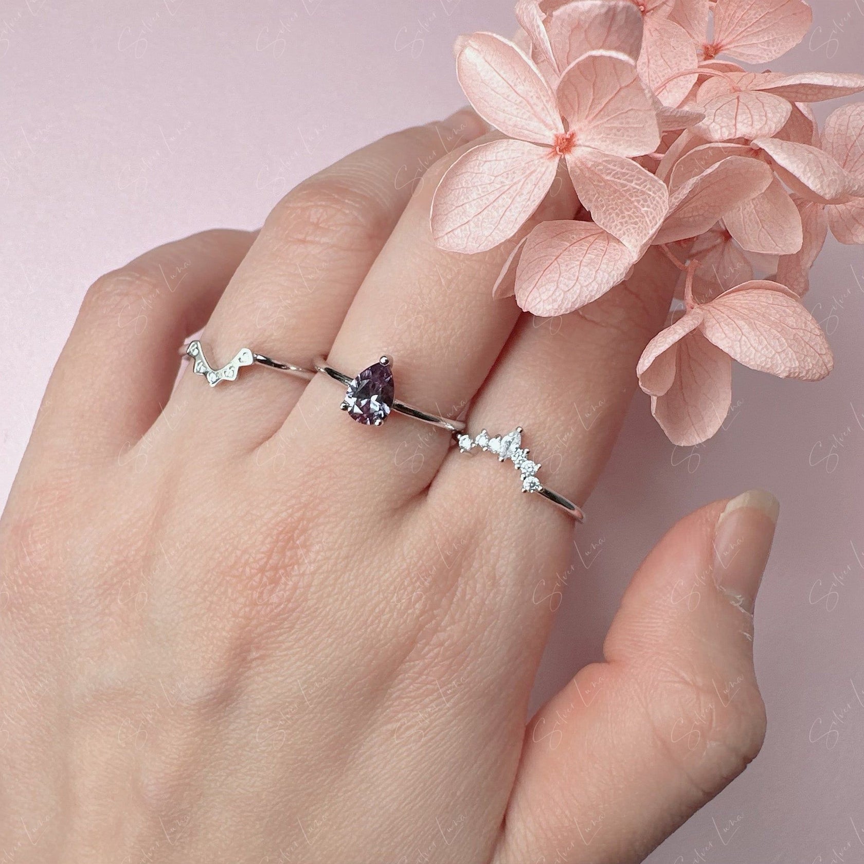 Teardrop Alexandrite stackable three ring set – The Silver Luna