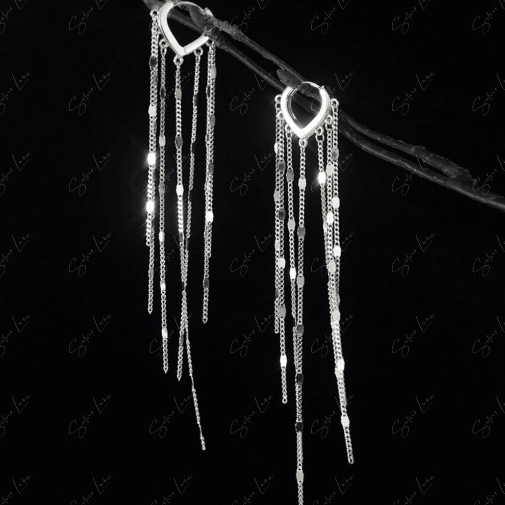 Sparkling long silver chains hoop earrings – The Silver Luna