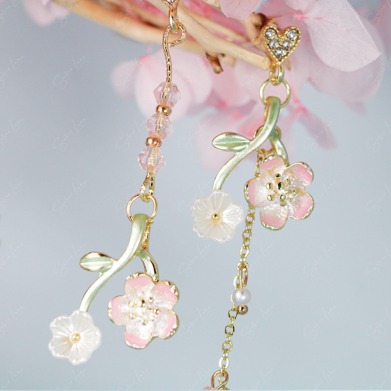 Cherry blossom flower dangle drop earrings – The Silver Luna